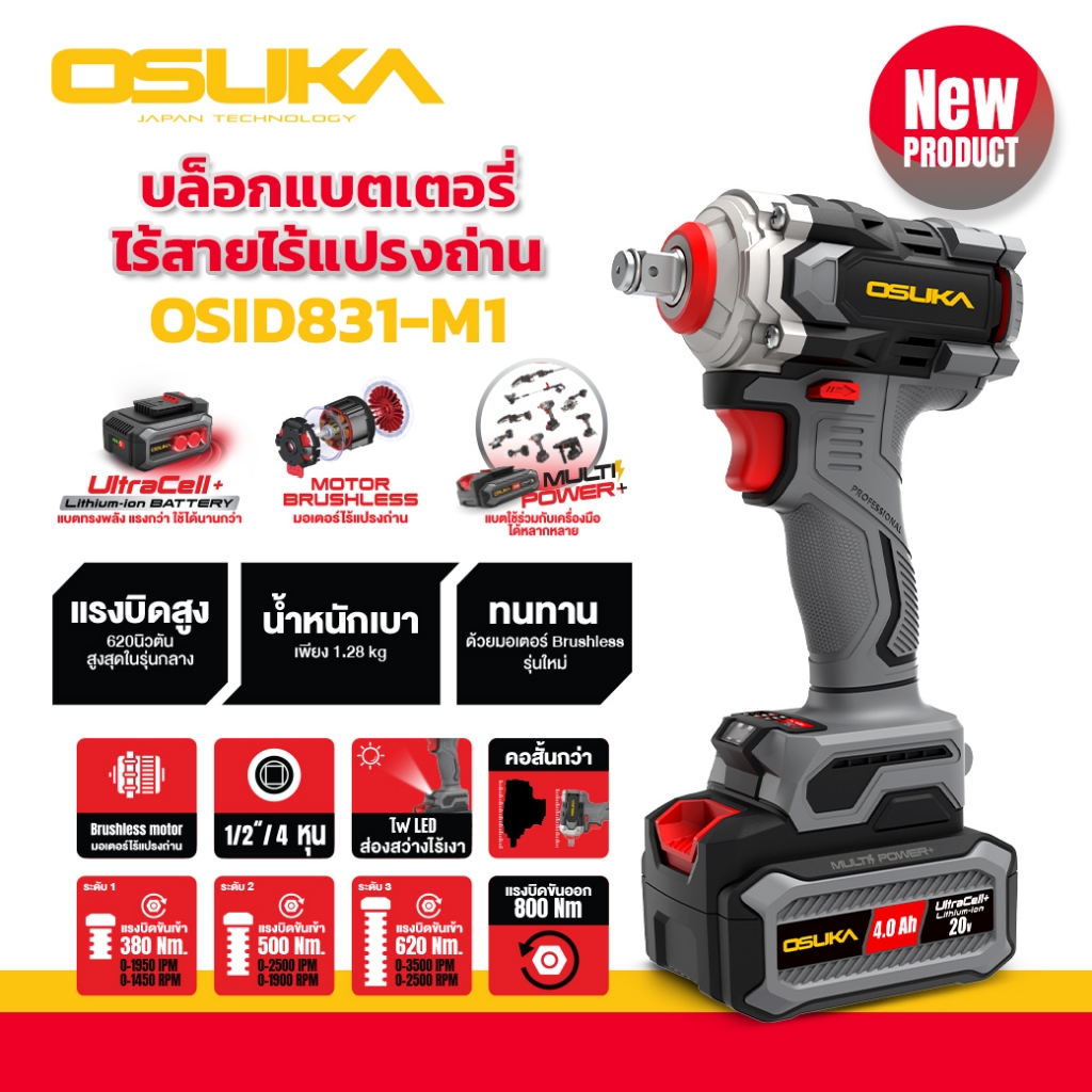 ตัวใหม่ บล็อกไฟฟ้าไร้สายไร้แปรงถ่าน OSID831-M1 OSUKA บล็อกแบต น้ำหนักเบา ทนทาน | Shopee Thailand