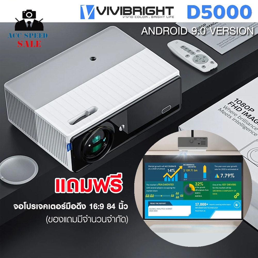 PROJECTOR VIVIBRIGHT FULL HD ANDROID 9.0 VERSION D5000 เเถมจอ ...