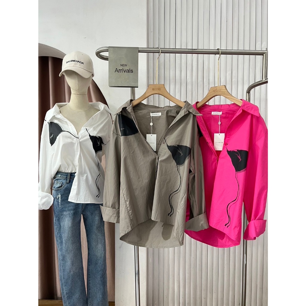 M1228 เสื้อเชิ้ต oversize สไตล์เกาหลี 3 สีพร้อมส่ง สกรีนด้านหน้า ขาว เท ...
