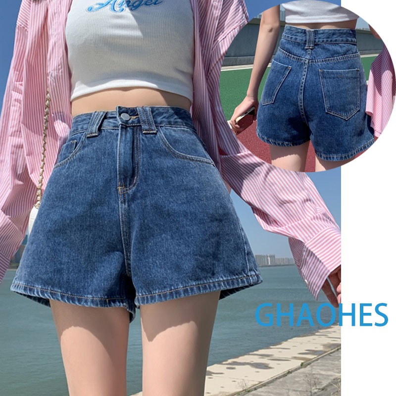 GHAOHES กางเกงยีนส์ขาสั้นเอวสูง ทางเอแบบบาง เรียบง่าย เย็นสบาย ขากระบอก ไซส์S-5XL | Shopee Thailand