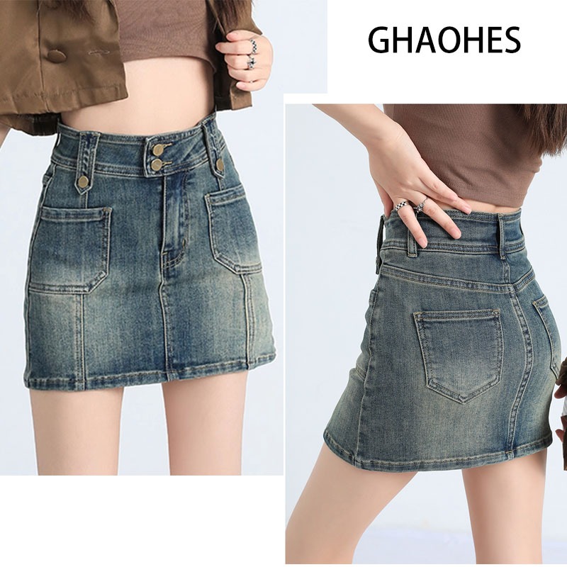 GHAOHES กระโปรงยีนส์เอวสูง ย้อนยุค สาวฮอต ยืดหยุ่น มีซับ คลุมสะโพก กระโปรงสั้น | Shopee Thailand