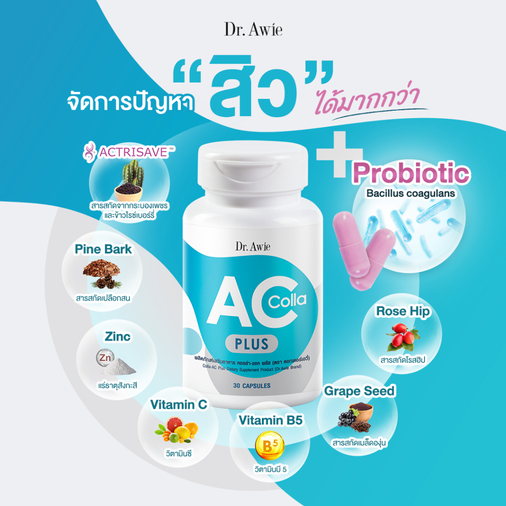 วิตามินแก้ปัญหาสิว Dr.awie Colla Ac Plus 1 กระปุก 30 เม็ด สิวอักเสบ สิว ...