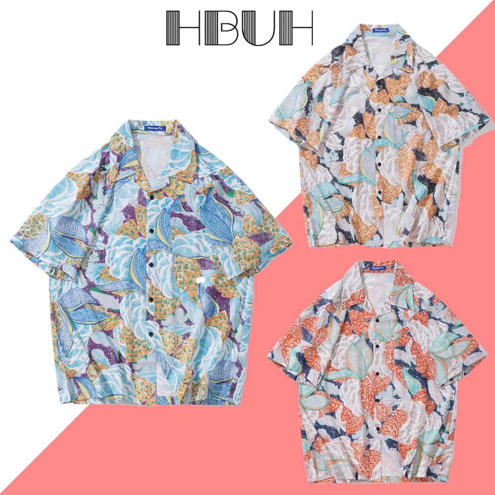 HBUH เสื้อเชิ้ตฮาวายแขนสั้น เสื้อสงกรานต์ลายดอกสไตล์เกาหลี ใส่ได้ทั้ง ...