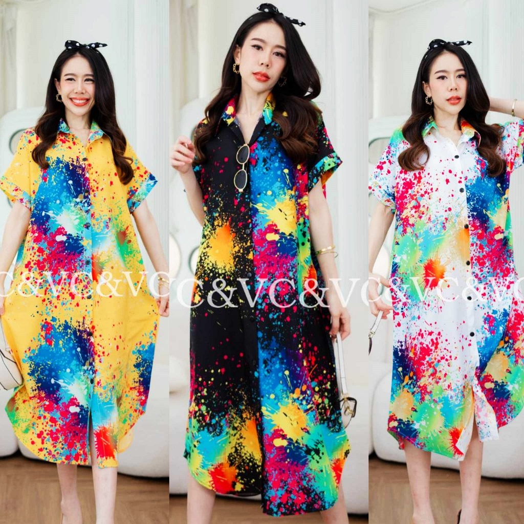 Pitzy Dress เดรสเชิ้ตแขนสั้นตัวยาวไปทะเล คอปก กระดุมผ่าหน้า กระเป๋าข้าง ...