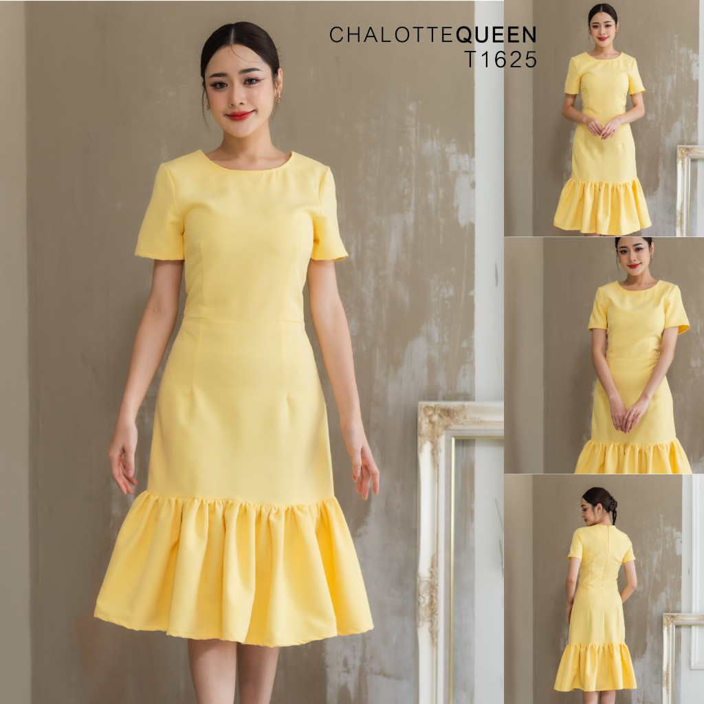 TEESBRAND T1625 ชุดทำงานสีเหลือง ทรงหางปลา คอกลม แขนสั้น ชุดเหลืองไปงาน เดรสเหลือง | Shopee Thailand