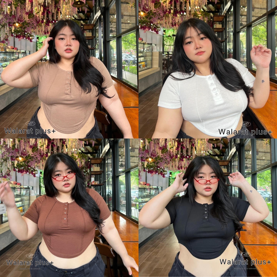 [OLIVE.PLUSSIZE พร้อมส่ง] เสื้อครอปรัดรูป เสื้อครอปสาวอวบ ชายโค้ง กระดุมหน้า อก34-52นิ้ว ...