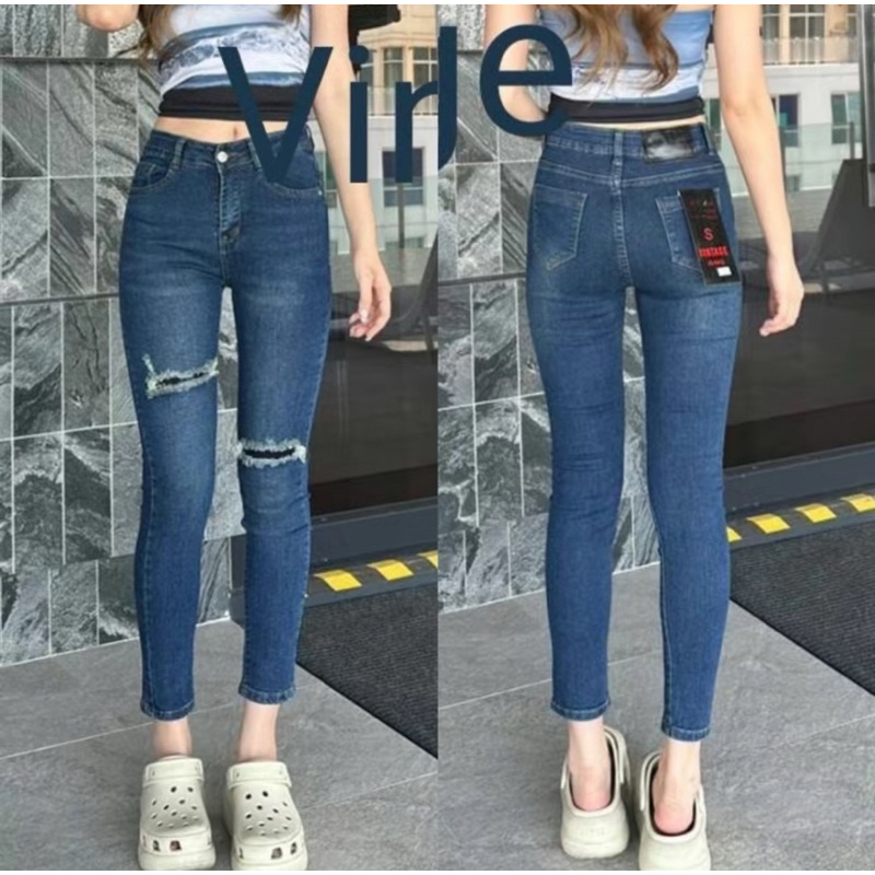 (V01) กางเกงยีนส์ทรงเดฟ ผ้ายืด เอวสูง | Shopee Thailand