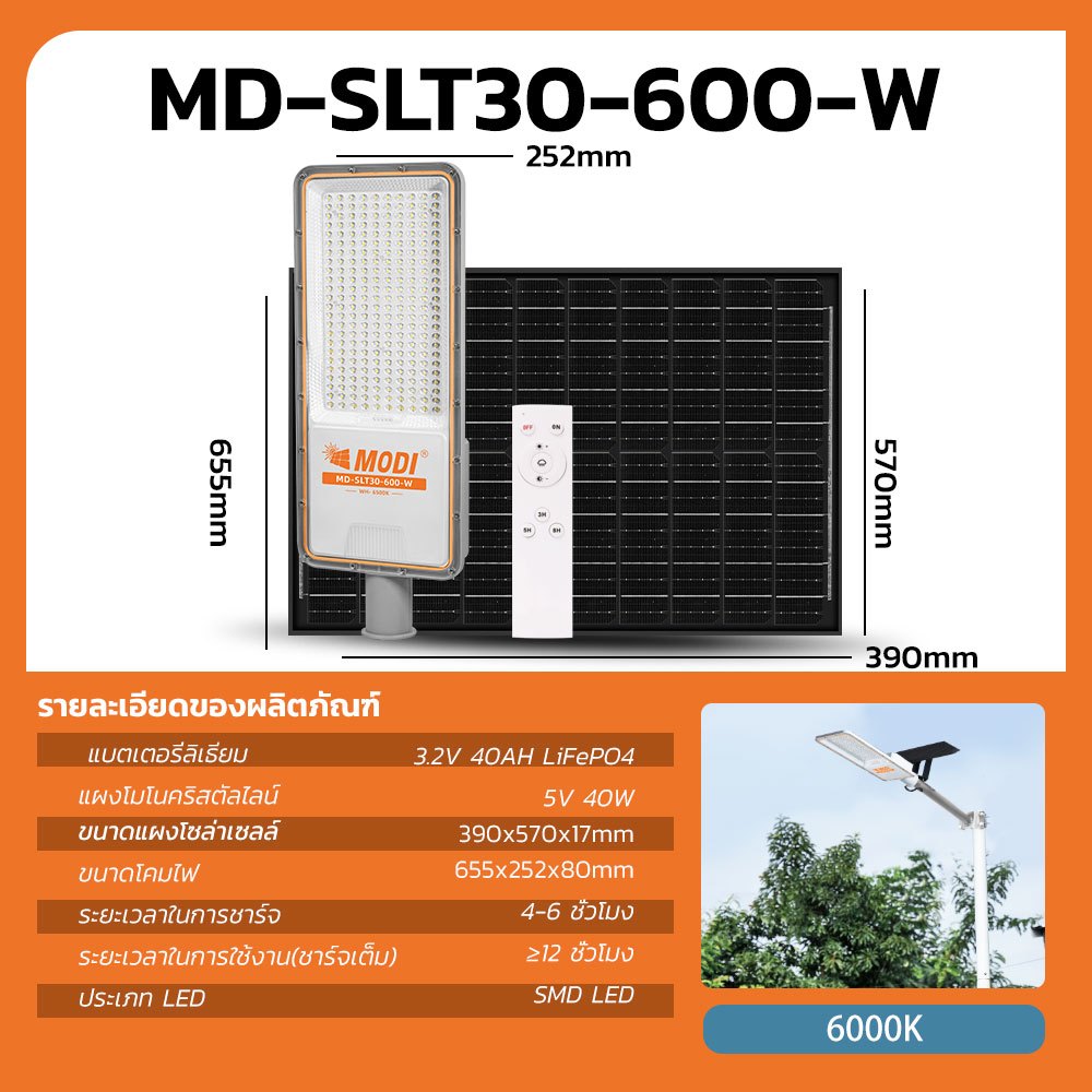 MODI โคมไฟถนนโซล่าเซลล์ 300W400W600W แสงขาว เปิดปิดอัตโนมัติ Solar ...