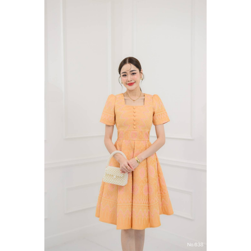 Kety Smile ชุดเดรสผ้าทอลาย คอเหลี่ยม กระโปรงบาน 8 ชิ้น อัดกาวทั้งชุด (S-2XL) N638 | Shopee Thailand