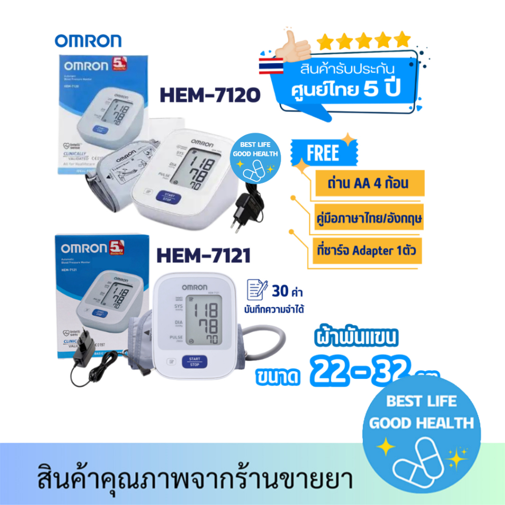 [รับประกัน 5 ปี] Omron เครื่องวัดความดัน รุ่น HEM-7121 แถมฟรี Adapter ...