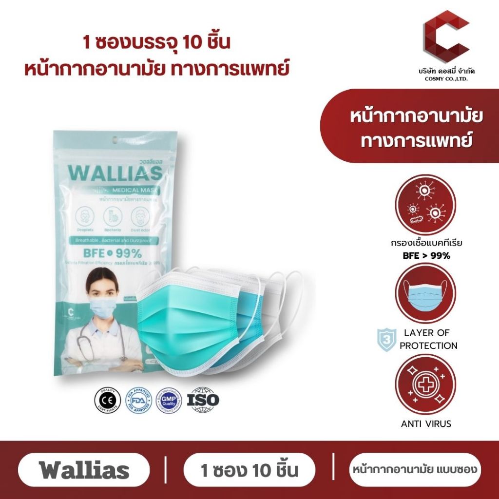 หน้ากากอนามัยทางการเเพทย์ ยี่ห้อWALLIAS หนา3ชั้น ป้องกันได้ถึง98% บรรจุ10ชิ้นต่อ 1ซอง มี 3สี【ออก ...