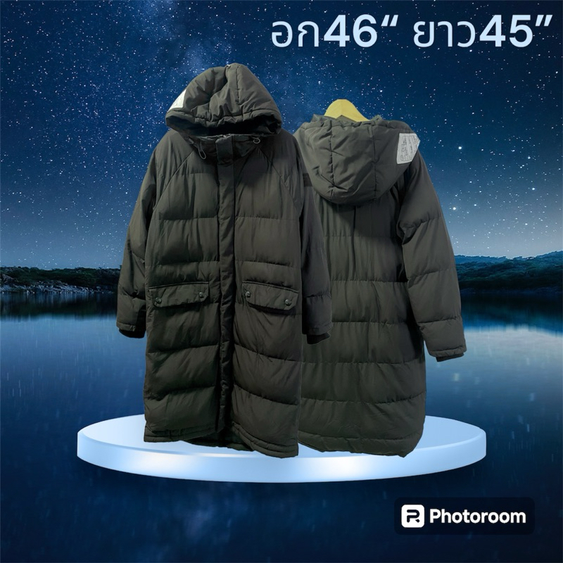 (มือสอง)long padding jacket สีดำมีฮู้ด | Shopee Thailand