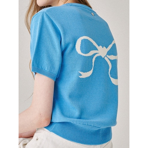 Ronron Heart Ribbon Jacquard Short Sleeve Knit (Blue, Ivory Blue, Black ...