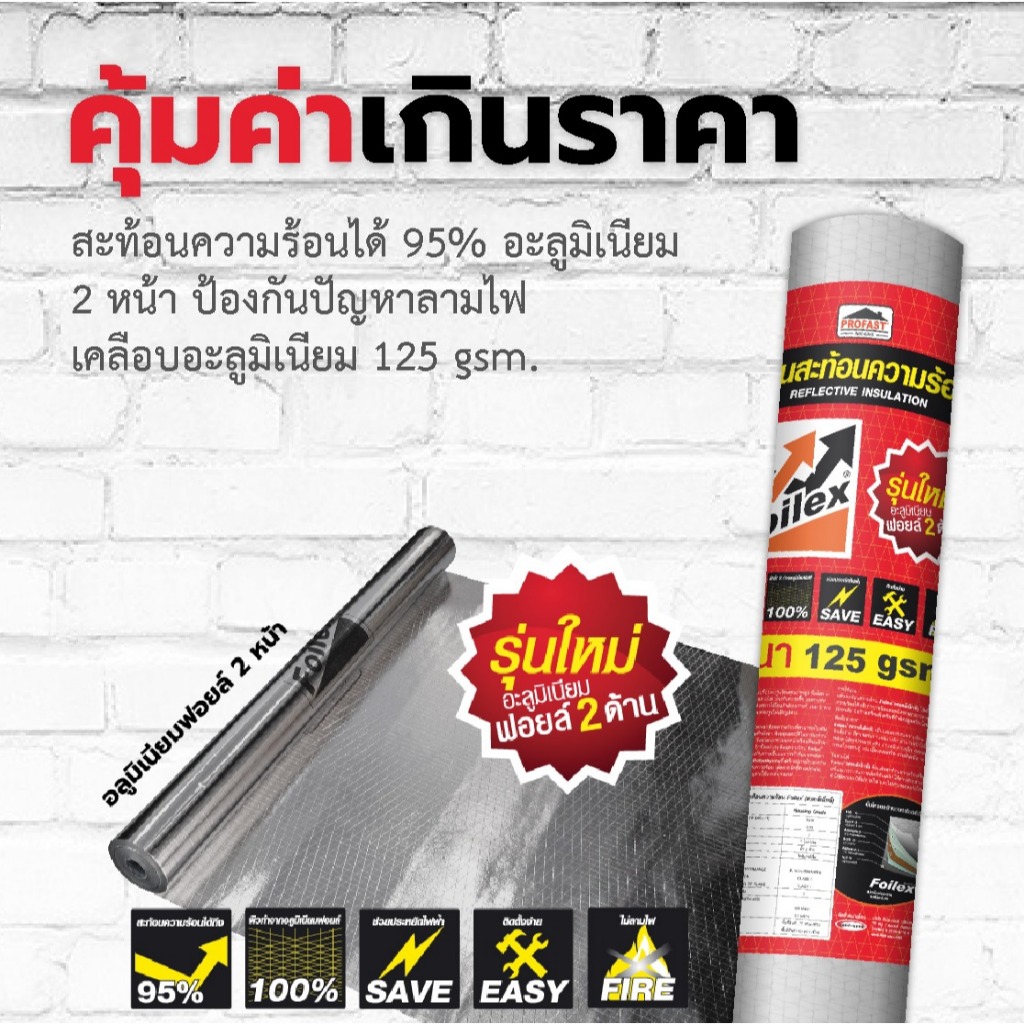 Profast แผ่นสะท้อนความร้อน กว้าง 1.25 เมตร [ ม้วน 20 ม. / 60 ม. ] ฟอยล์ ...
