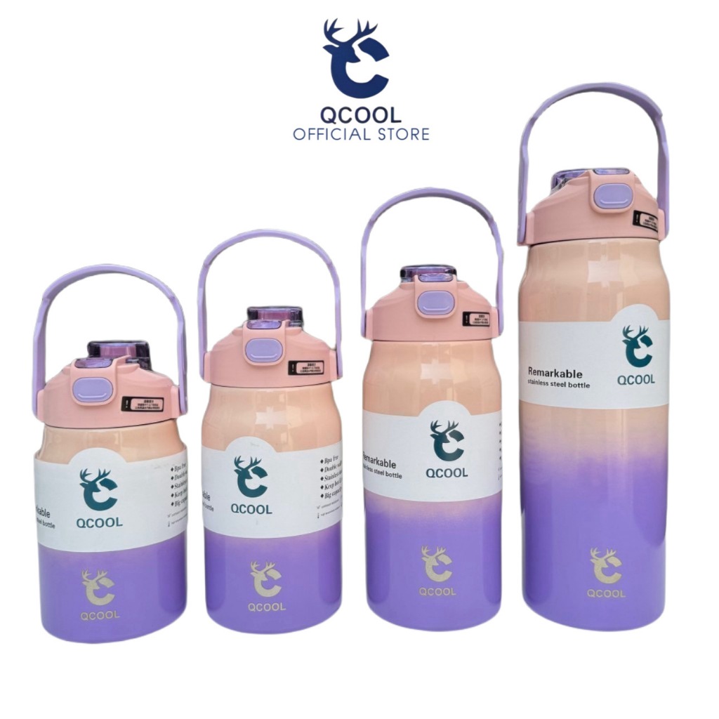 QCOOL (ของแท้) กระบอกน้ำเก็บอุณหภูมิ 1,000ml 1,200ml 1,500ml 1,800ml สีทูโทน มีหลอด ขวดน้ำ ...