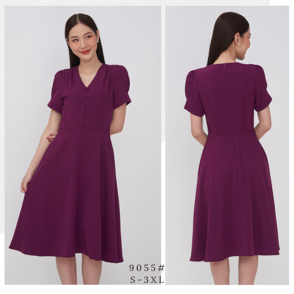 *Laboratory* 9055# เดรสคอวีทรงกระโปรงบาน แต่งกระดุม Flare dress มีไซส์ ...