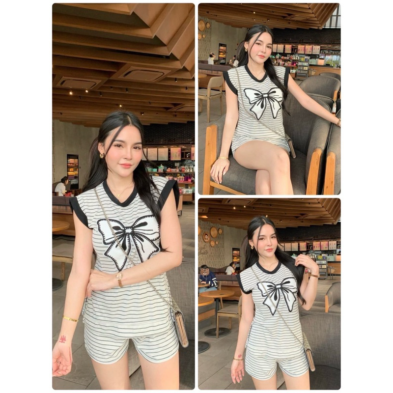 Roseshop งานเซต 2 ชิ้น เสื้อตัวยาวคอกลมติดโบว์ ผ้าลายใสสบาย ลุคนี้น่ารักสุดๆ ผ้านิ่มม | Shopee ...