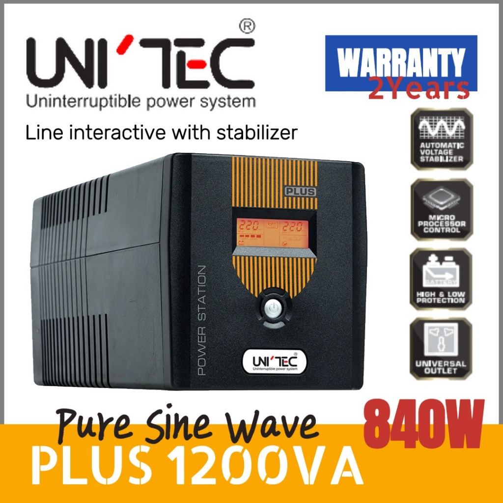 Unitec UPS 1200VA/840W สำหรับคอมประกอบ/PSU80+/RIG/ Pure Sine Wave 100%/Service Center ประกัน 2 ...