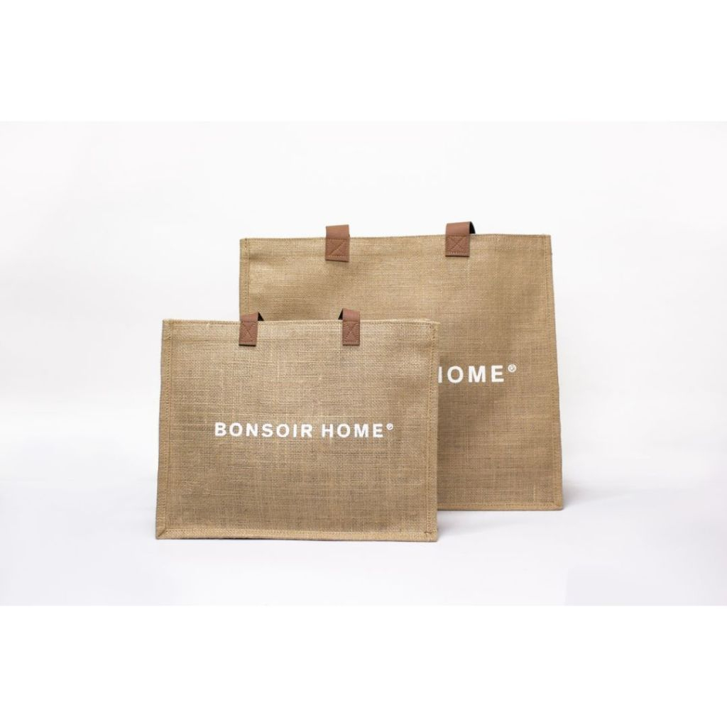 กระเป๋าผ้ากระสอบ หูหนัง สกรีน BONSOIR HOME สีธรรมชาติ พร้อมแผ่นรองก้น ...