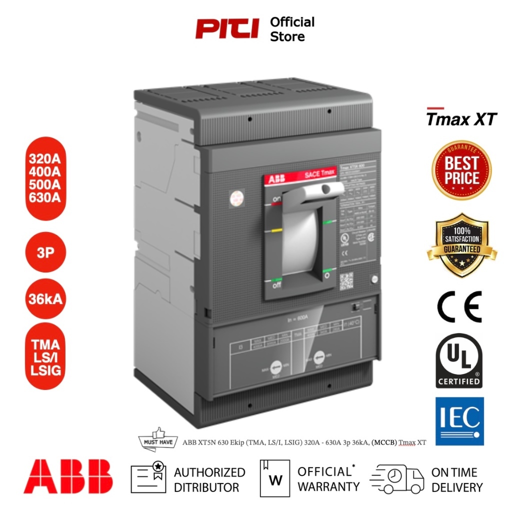 ABB MCCB XT5N 630 Ekip Dip LS/I In=630A 3P (36kA) Breaker Tmax XT เบรกเกอร์ # 1SDA100355R1 ...
