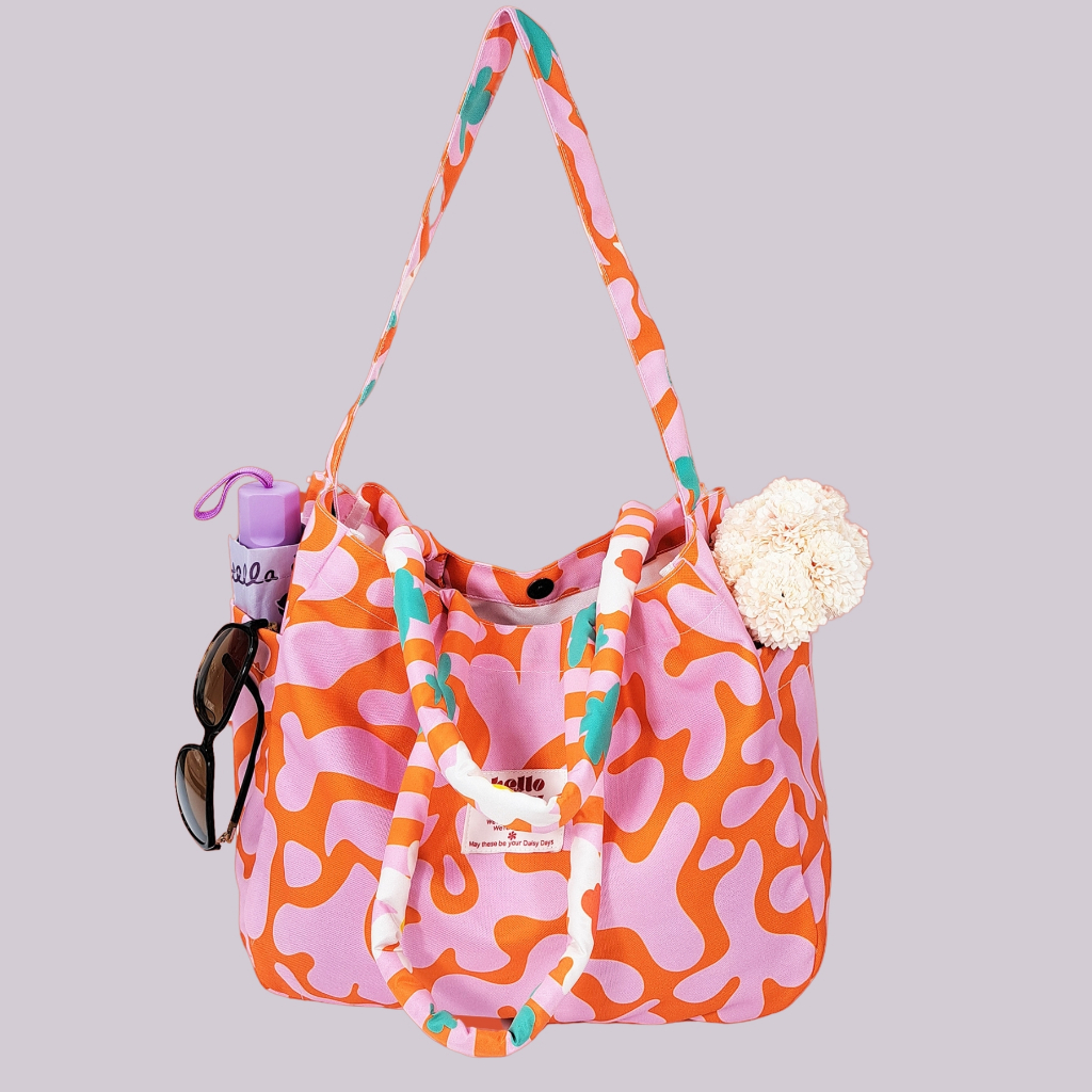 Hello Daisy แบรนด์ไทย-Weekend bag กระเป๋าผ้าแคนวาสสีส้มชมพู พร้อมช่อง ...
