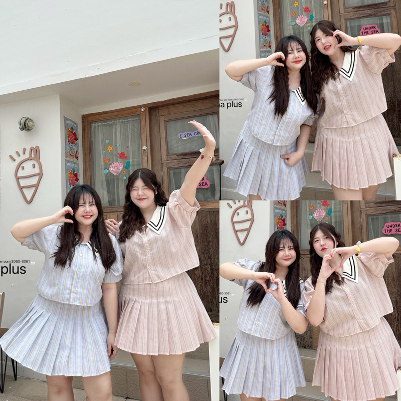 Set2ชิ้น เสื้อคอปก+กระโปรงเทนนิส เซ็ตสาวอวบ อก38-50นิ้ว plussize | Shopee Thailand