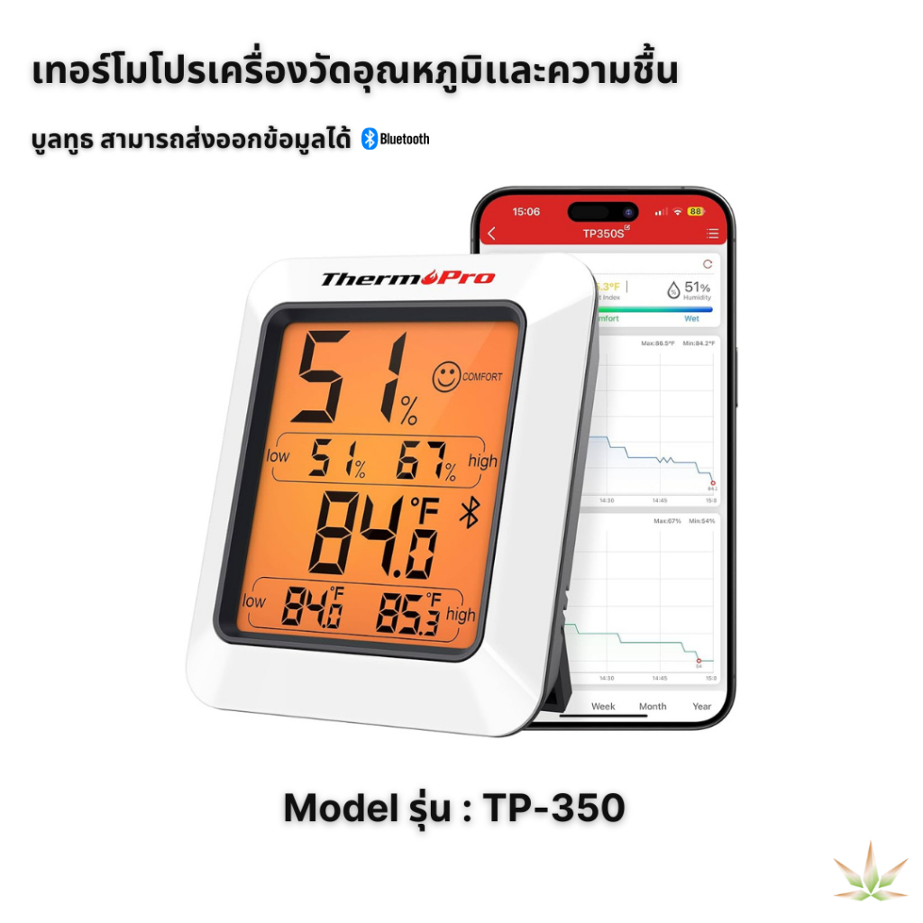 ThermoPro TP350 เครื่องวัดอุณหภูมิเเละความชื้นเเบบดิติตอลBluetooth ...