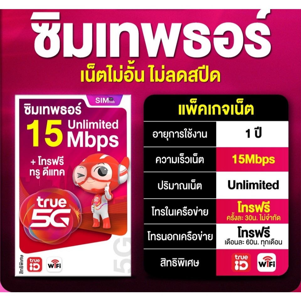 ซิม Sim Thor ซิมเทพธอร์ Simเทพทรู ซิมทรู 15Mbps ไม่ลดสปีด เน็ตไม่อั้น 1 ปี โทรฟรี ทุกค่าย 60 ...