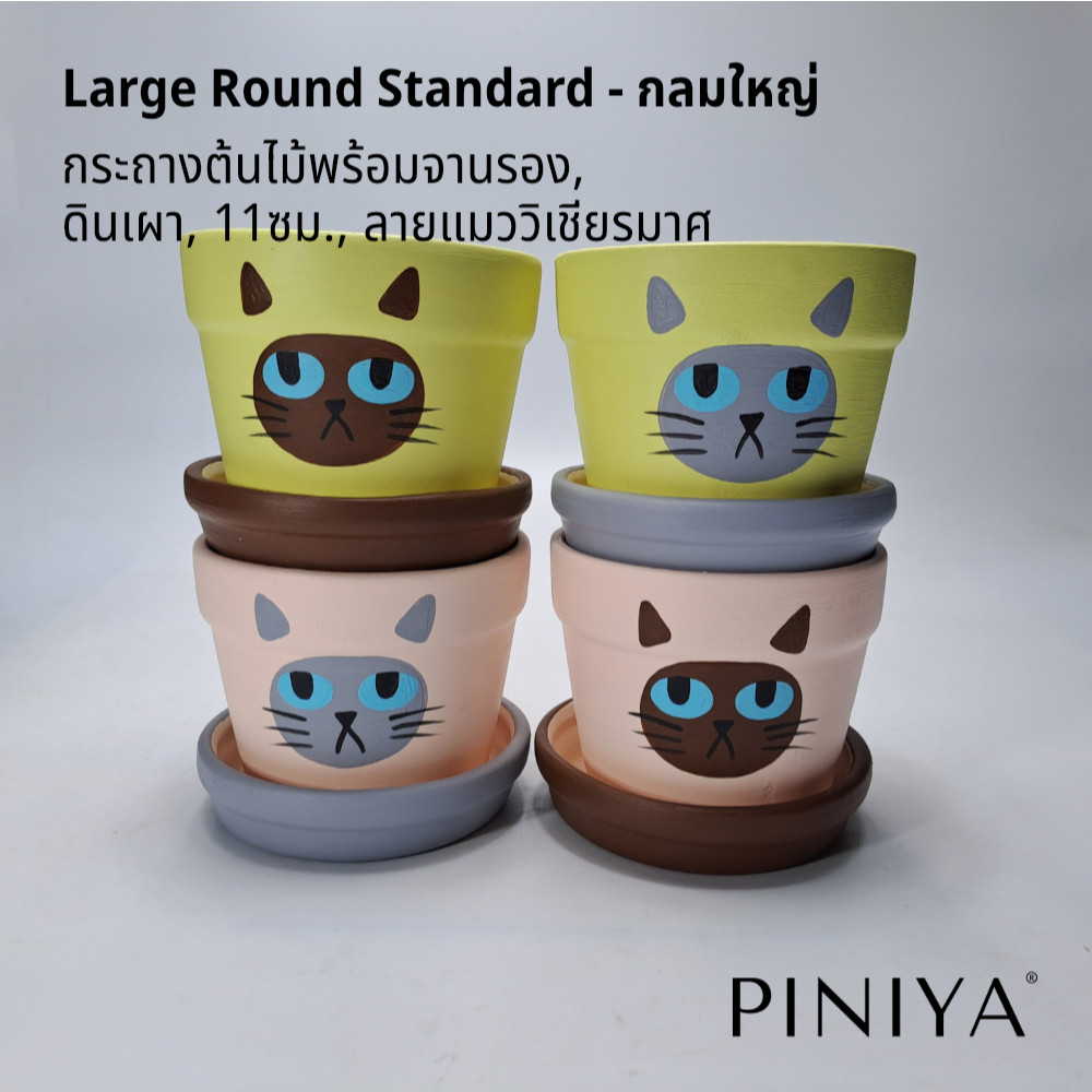 Piniya พินิยา - กระถางต้นไม้ ดินเผา รุ่น กลมใหญ่, 11ซม., ลายแมววิเชียร ...