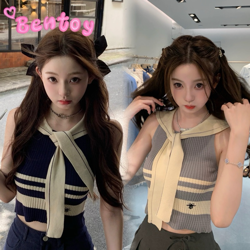 bentoy(WZ00)เสื้อกล้ามไหมพรม แต่งคอปกผูกหน้า สายเกาหลีน่ารักมาก คุณหนูห้ามพลาด | Shopee Thailand