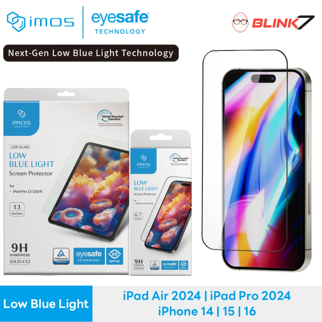 ฟิล์มกระจกหน้าจอถนอมดวงตา Low Blue Light iMos iPhone 16e | 16 | 16+ | 16 Pro | 16 Pro Max | iPad ...
