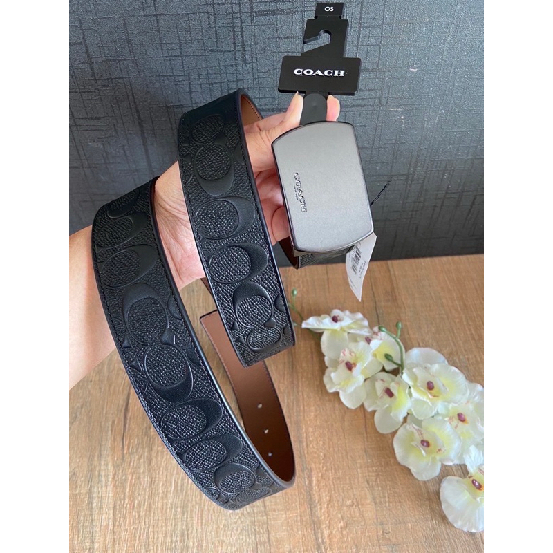 เข็มขัดชาย COACH PLAQUE BUCKLE CUT-TO-SIZE REVERSIBLE BELT 101 CQ009 ลายซีนูน หนังสีดำ หัวทึบ ...