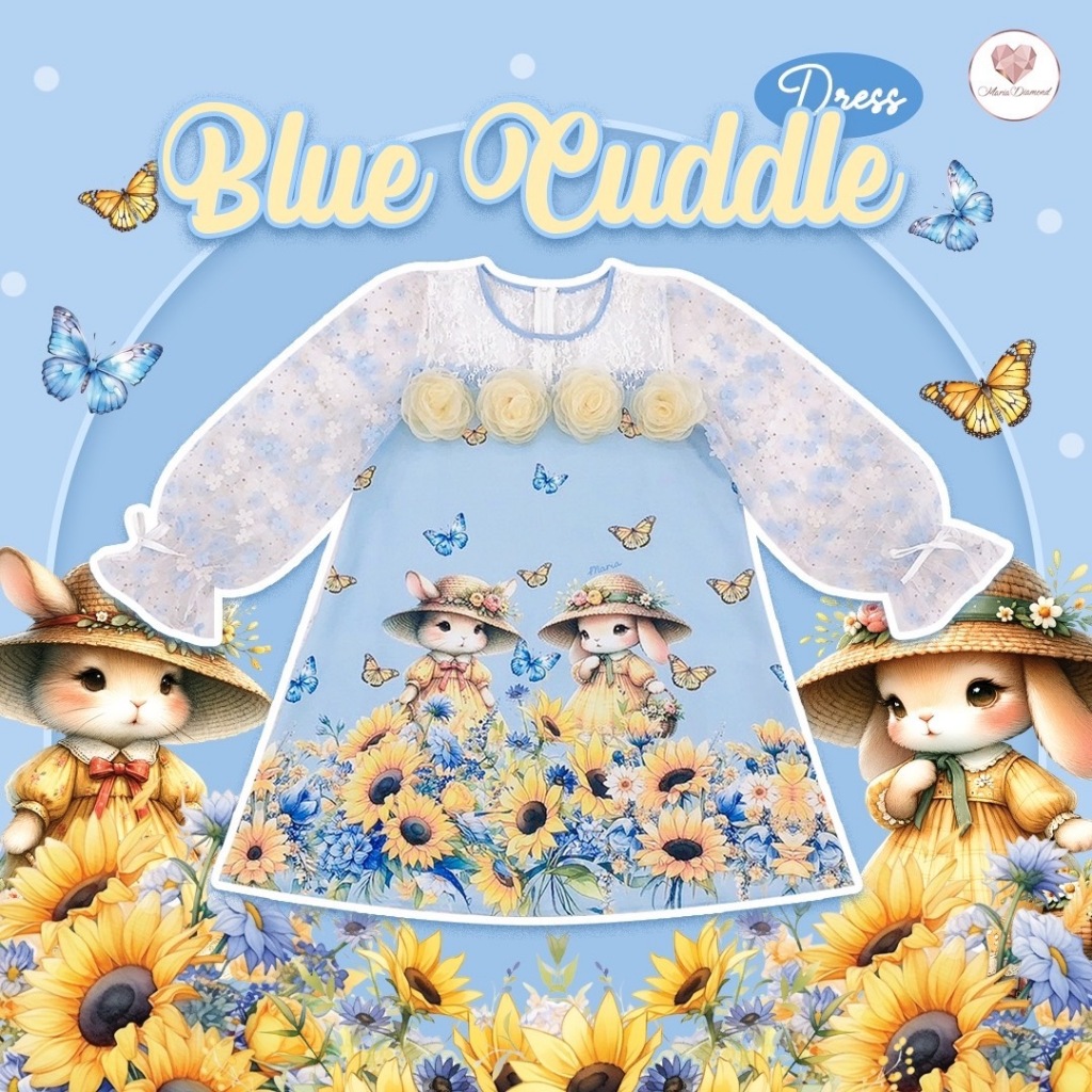 (มี 3XL) Blue Cuddle Dress เดรสสั้นพิมพ์ลาย แขนยาวผ้าตาข่ายสกรีนลาย ...