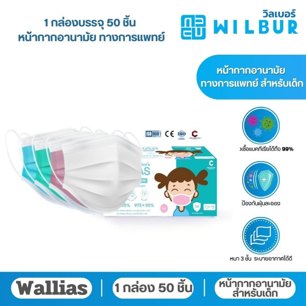 Mask KID หน้ากากอนามัยเด็ก ยี่ห้อ Wallias BFE>99% หน้ากากอนามัย หนา 3ชั้น ของเด็ก พร้อมส่ง แบบ1 ...