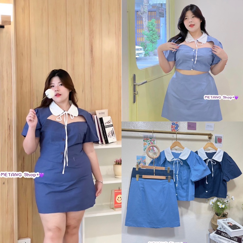 M0059 Set 2 ชิ้น เสื้อครอปคอบัว+กระโปรงทรงเอ งานน่ารักกก กระดุมมุกรูปหัวใจ plussize สาวอวบ ...