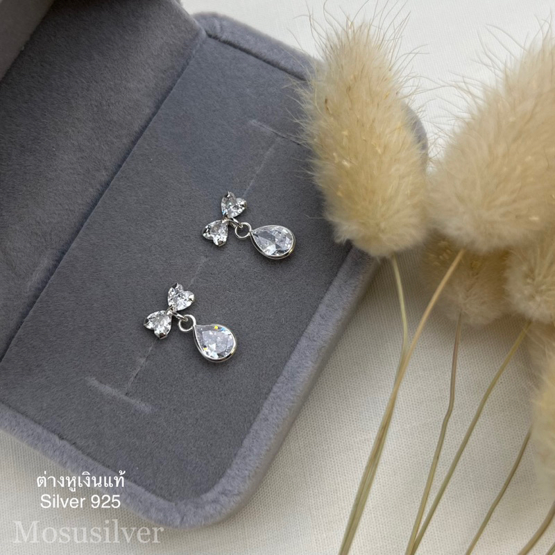 ต่างหูเงินแท้925 silver925 ต่างหูรูปโบว์ จี้หยดน้ำ สวยหวาน ก้านเสียบติด ...