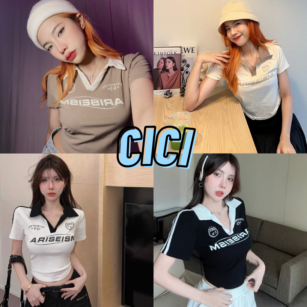 Cici(NO.3351)เสื้อ(Crop top) แขนสั้น คอปกดีเทลสกีนลายภาษาอังกฤษสุดปัง สายฝอควรตำ | Shopee Thailand