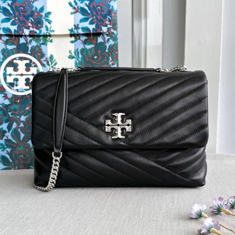 Tory Burch #90446 Kira Chevron Convertible Shoulder Bag สีดำ อะไหล่เงิน ...