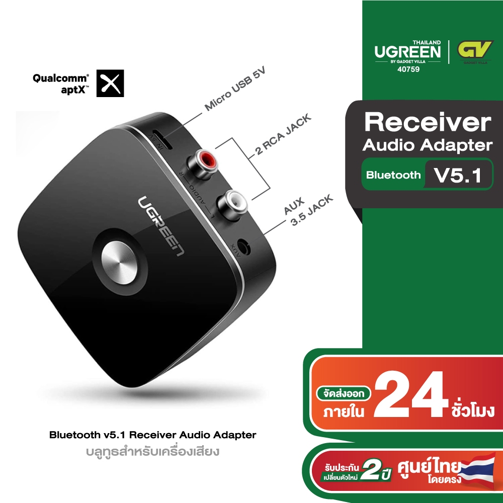 UGREEN รุ่น 40759 Bluetooth Receiver v5.1 APTX 2 RCA + Aux 3.5mm Audio ...