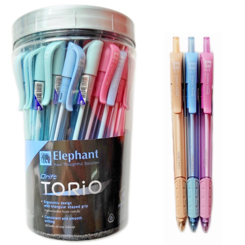 (50ด้าม/กระปุก)ปากกาลูกลื่น ด้ามกด ตราช้าง รุ่น Drift Torio - ด้ามคละสี ...