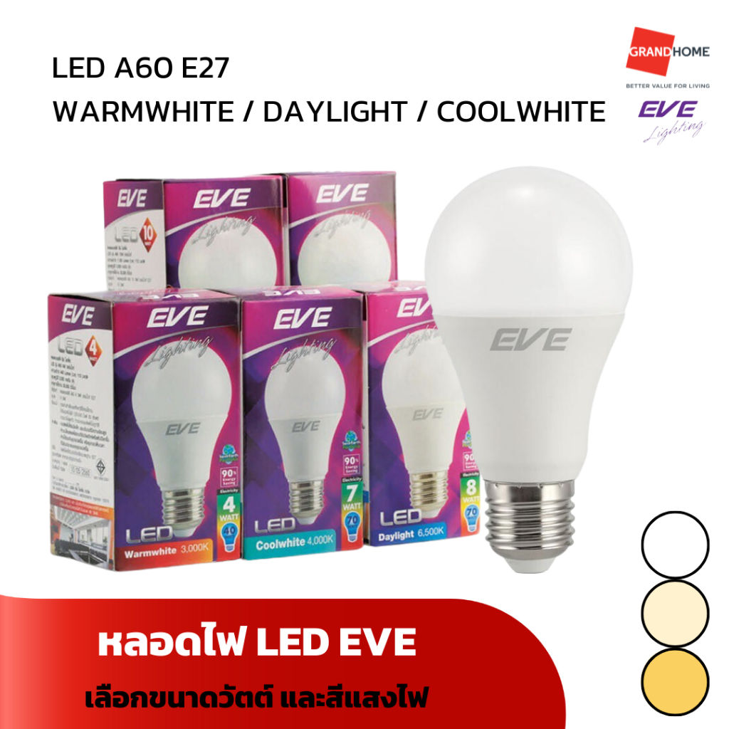 หลอดไฟ LED A60 E27 แบรนด์ EVE 4W 5W 7W 9W 11W 13W เดย์ไลท์ วอร์มไวท์ คูลไวท์ GRANDHOMEMART ...