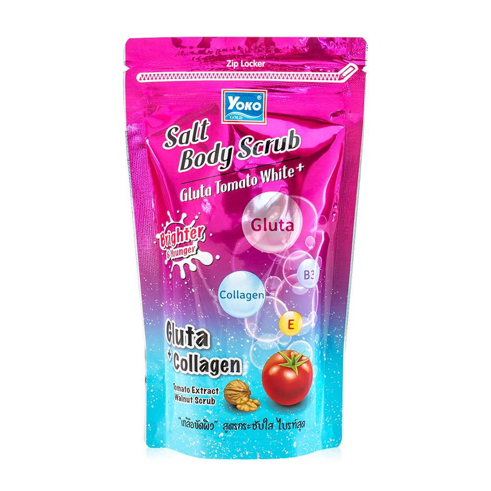 yoko salt body scrub gluta tomato white 350g.โยโกะ โกลด์ ซอลท์ บอดี้ สค ...