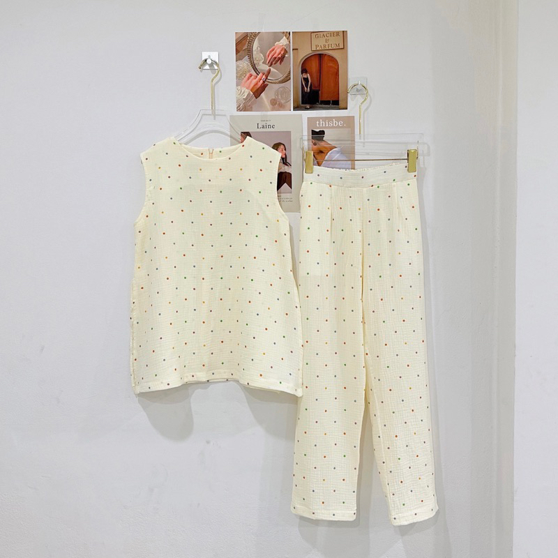 "Sunday set" Set ขายาวลายจุดหลากสีพร้อมส่ง ผ้าสาลูญี่ปุ่น เนื้อนุ่ม ...