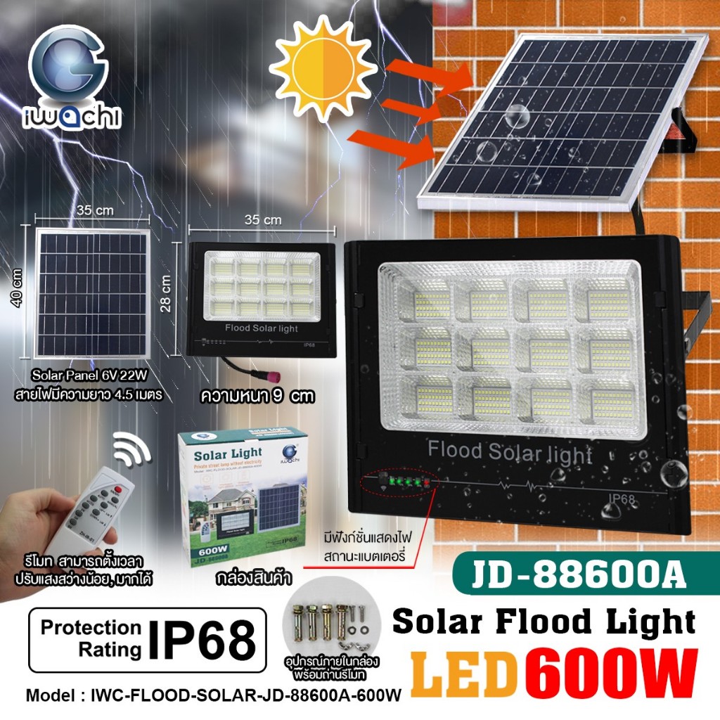 สปอร์ตไลท์ โซล่าเซลล์ 600วัตต์ ไฟโซล่า สปอร์ตไลท์โซล่า + แผง 600W SOLAR ...