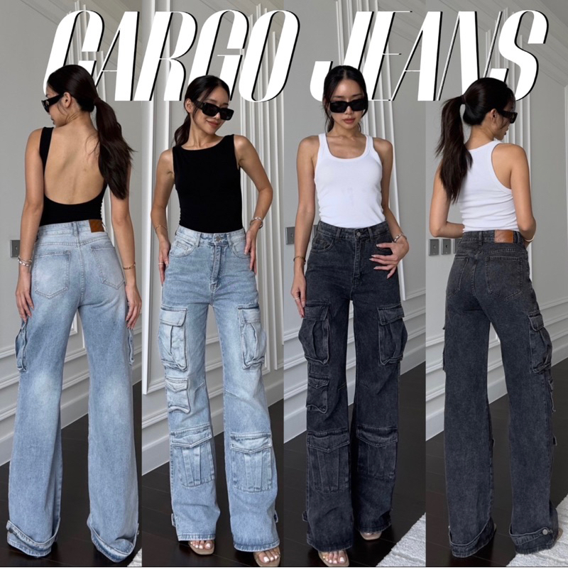 Promthong Jeans 32105 กางเกงยีนส์เอวสูงทรงคาร์โก้สุดชิค ดีเทลแต่ง ...