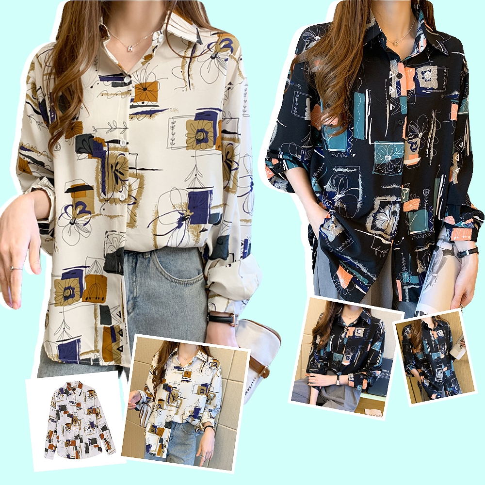 ERORO เสื้อเชิ้ตคอปกแขนยาว ลายกราฟฟิค แบบกระดุม | Shopee Thailand