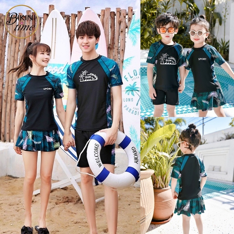 🏖BikiniTime (M-5XL) SB192 ชุดว่ายน้ำคู่ชาย-หญิง เด็กชาย-หญิง แขนสั้นขาสั้น สีดำลายใบไม้ ชุด ...