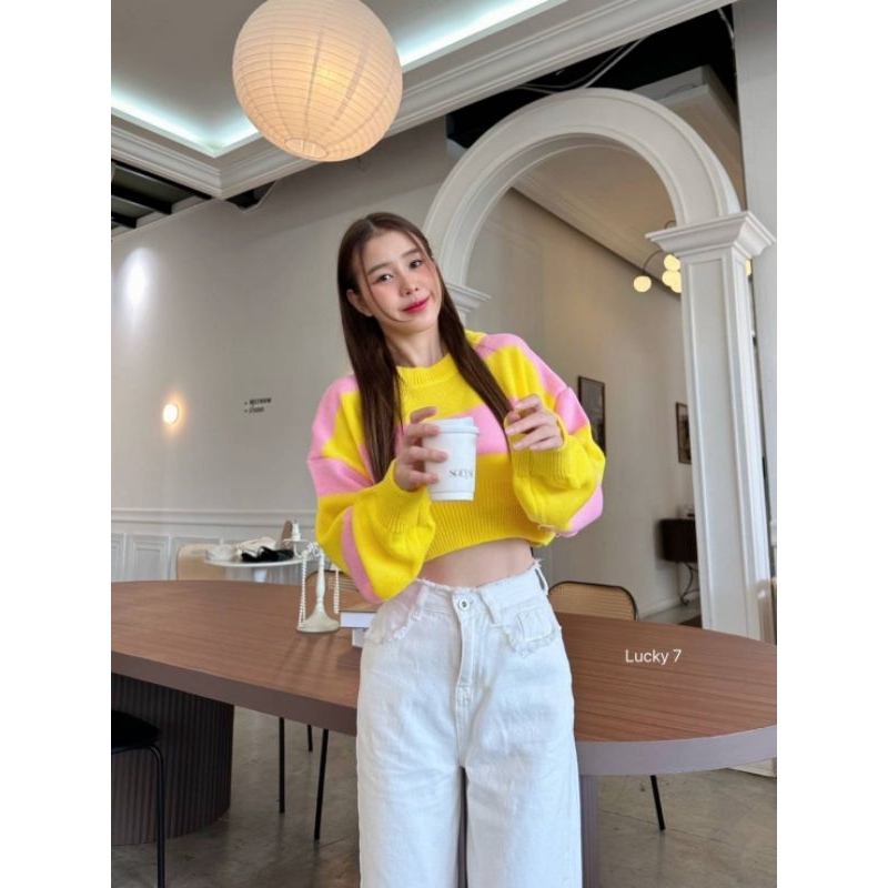 L194.เสื้อครอปไหมพรมแขนยาวทอลายสลับสี น่ารัก | Shopee Thailand
