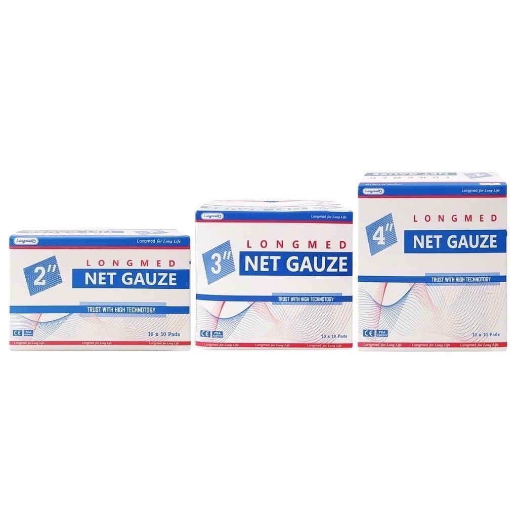 Longmed Net Gauze ลองเมด เนทก๊อซ ผ้าก๊อซฝ้าย ขนาด 2x2, 3x3, 4x4 10ซอง/กล่อง (( ยกกล่อง ...