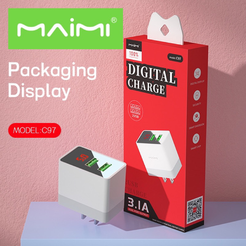 หัวชาร์จ 2ช่อง USB 3.1A ยี่ห้อ Maimi C97 มีจอแสดงผลดิจิตอล Digital อะแดปเตอร์ชาร์จ จ่ายไฟ 3.1A ...